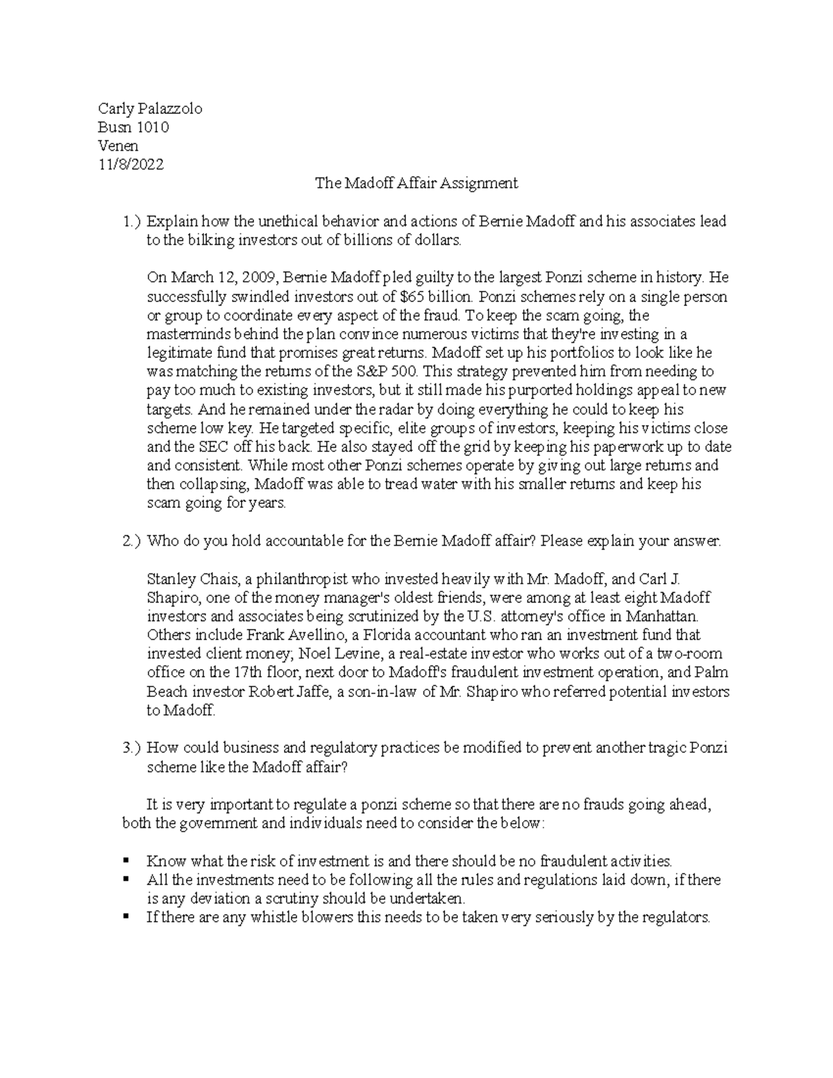 The Madoff Affair Assignment - Carly Palazzolo Busn 1010 Venen 11/8 ...