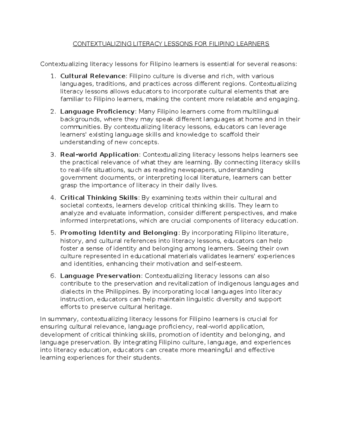 Contextualizing Literacy Lessons FOR Filipino Learners ...