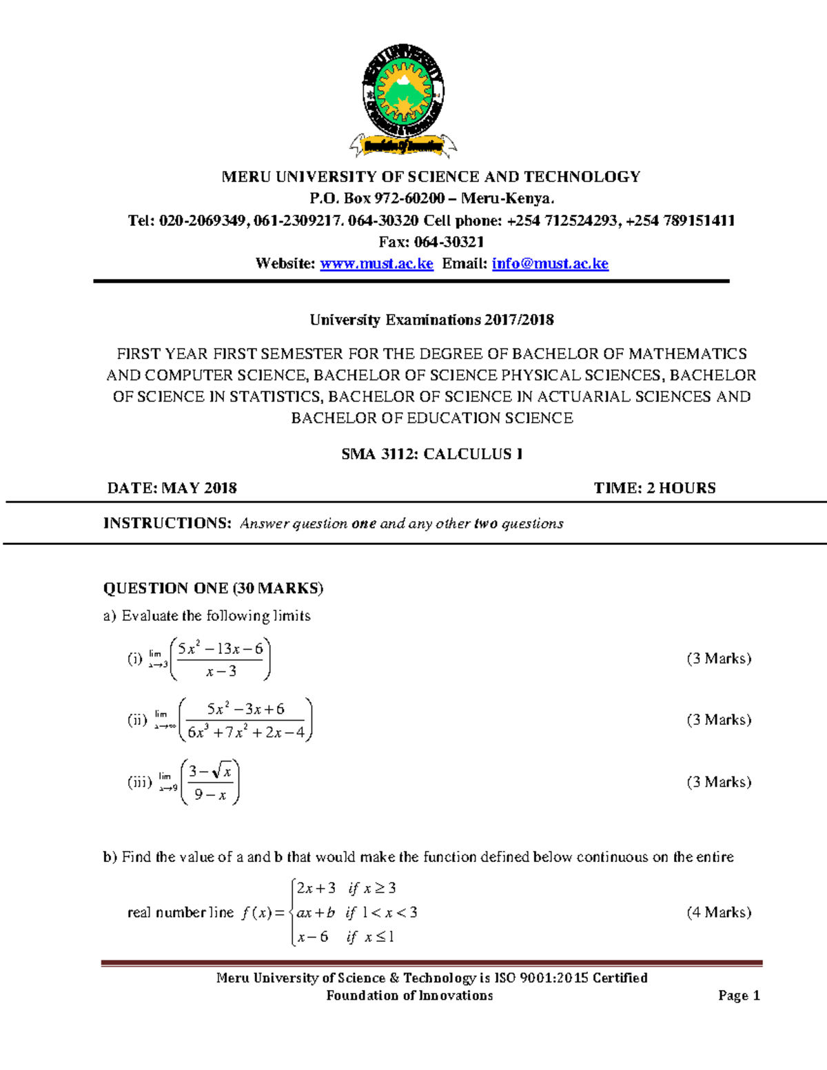 SMA 3112 Calculus I - Meru University of Science & Technology is ISO 9001:2015 Certified MERU ...