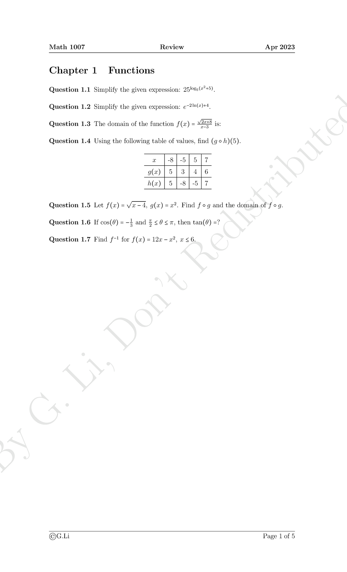 Review Questions Math 1007 2023 Winter - By G. Li, Don’t Redistributed ...