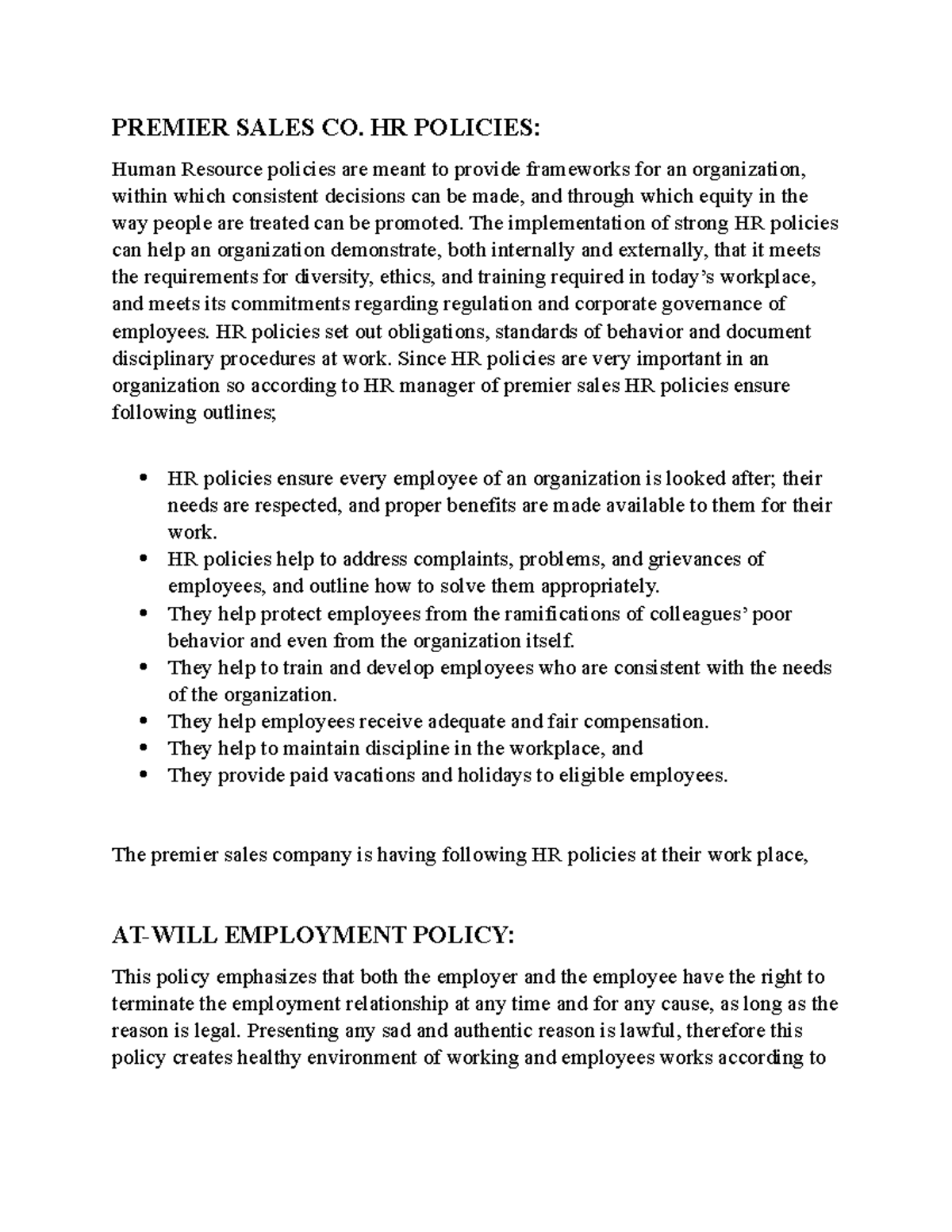 HR Policies OF Premier Sales CO - PREMIER SALES CO. HR POLICIES: Human ...