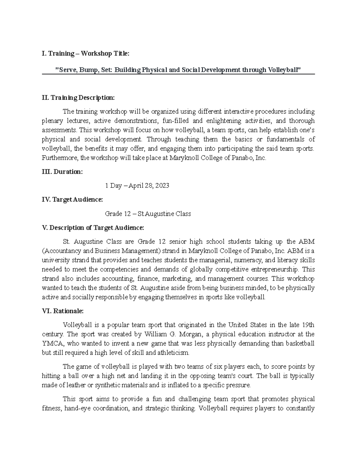 UCSP Workshop - Activity - I. Training – Workshop Title: "Serve, Bump ...