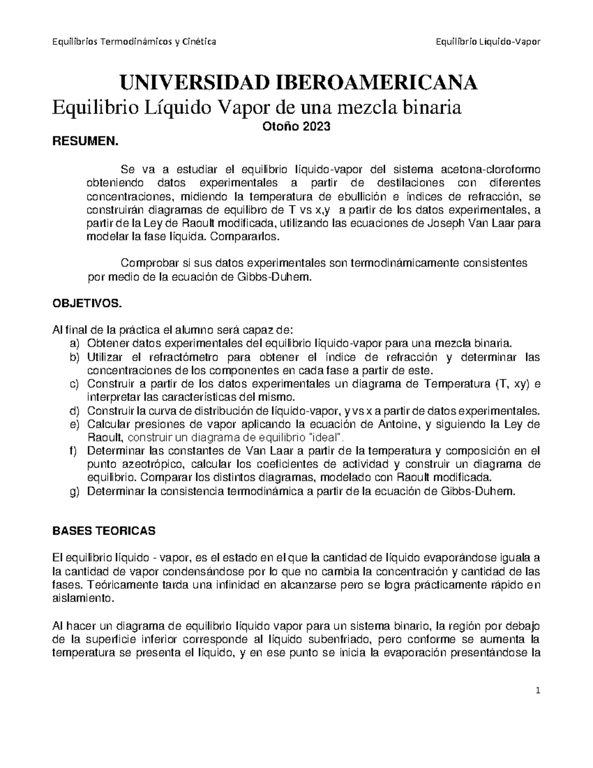 2.- Equilibrio Líquido-Vapor, O 2023 - UNIVERSIDAD IBEROAMERICANA ...