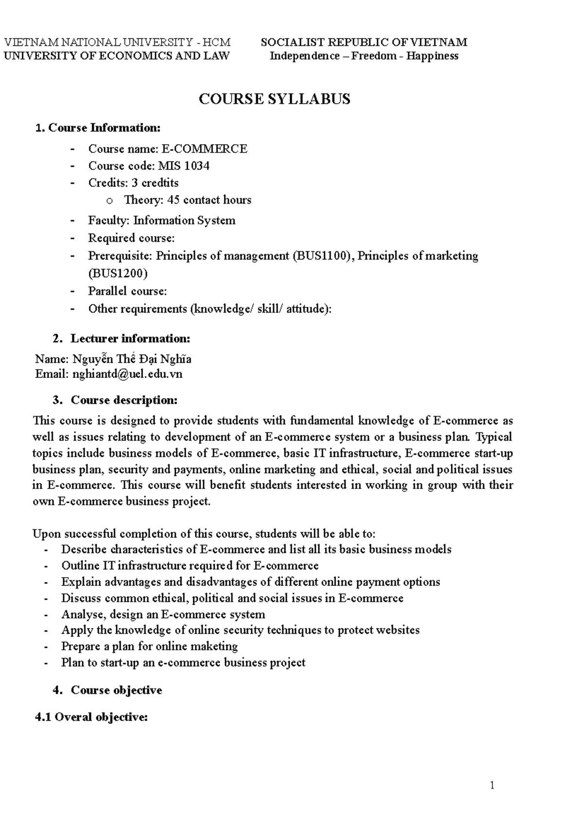 E commerce Course Syllabus - VIETNAM NATIONAL UNIVERSITY - HCM ...