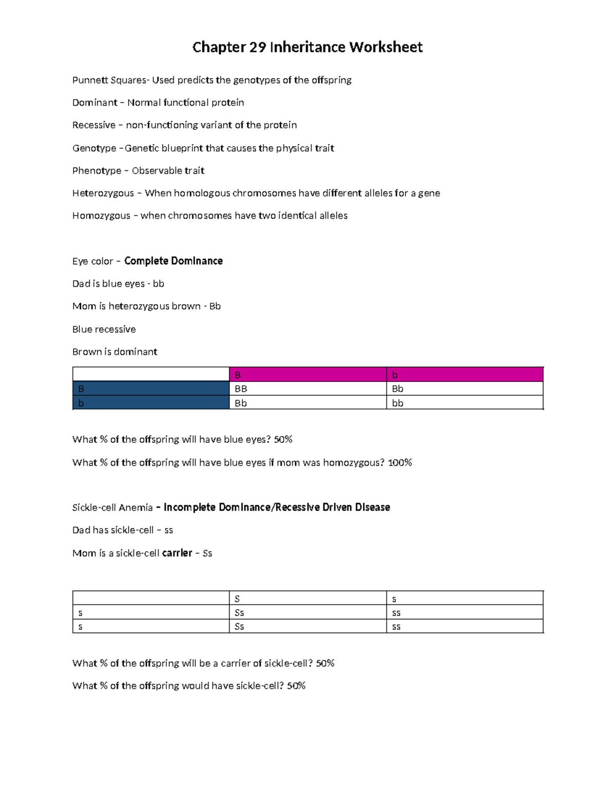 Genetics & Punnett Squares Worksheet - Chapter 29 Inheritance Worksheet ...