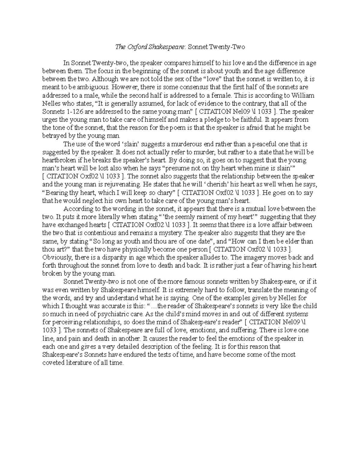 TTU ENGL 3305 The Oxford Shakespeare Sonnet Twenty-Two Paper - The ...