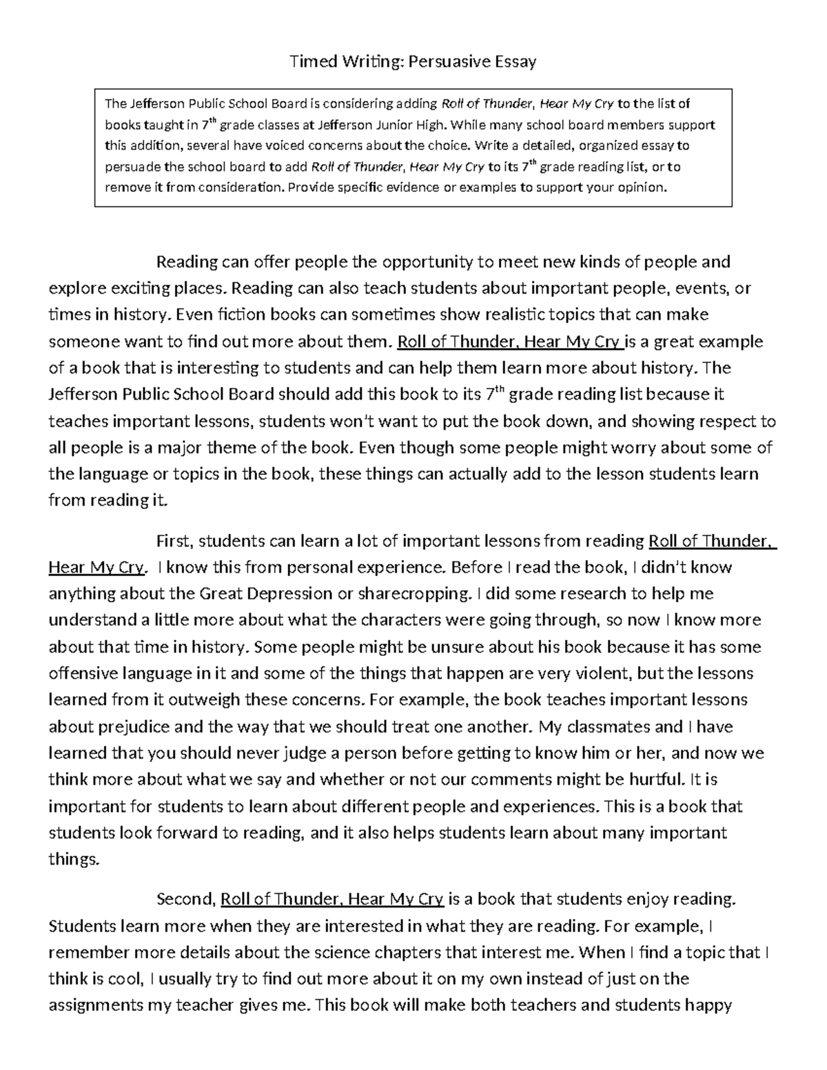 Persuasive essay example 06 - Timed Writing: Persuasive Essay Reading ...