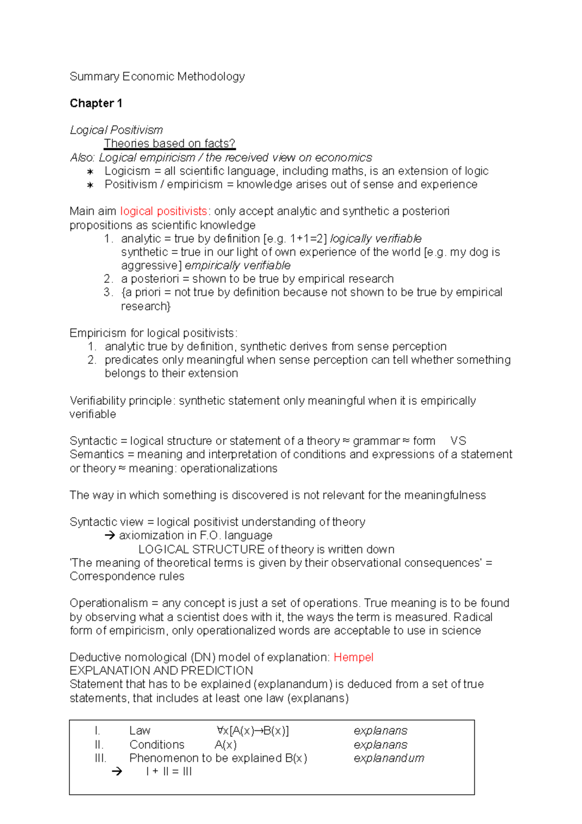 Summary Economic Methodology - Summary Economic Methodology Chapter 1 ...