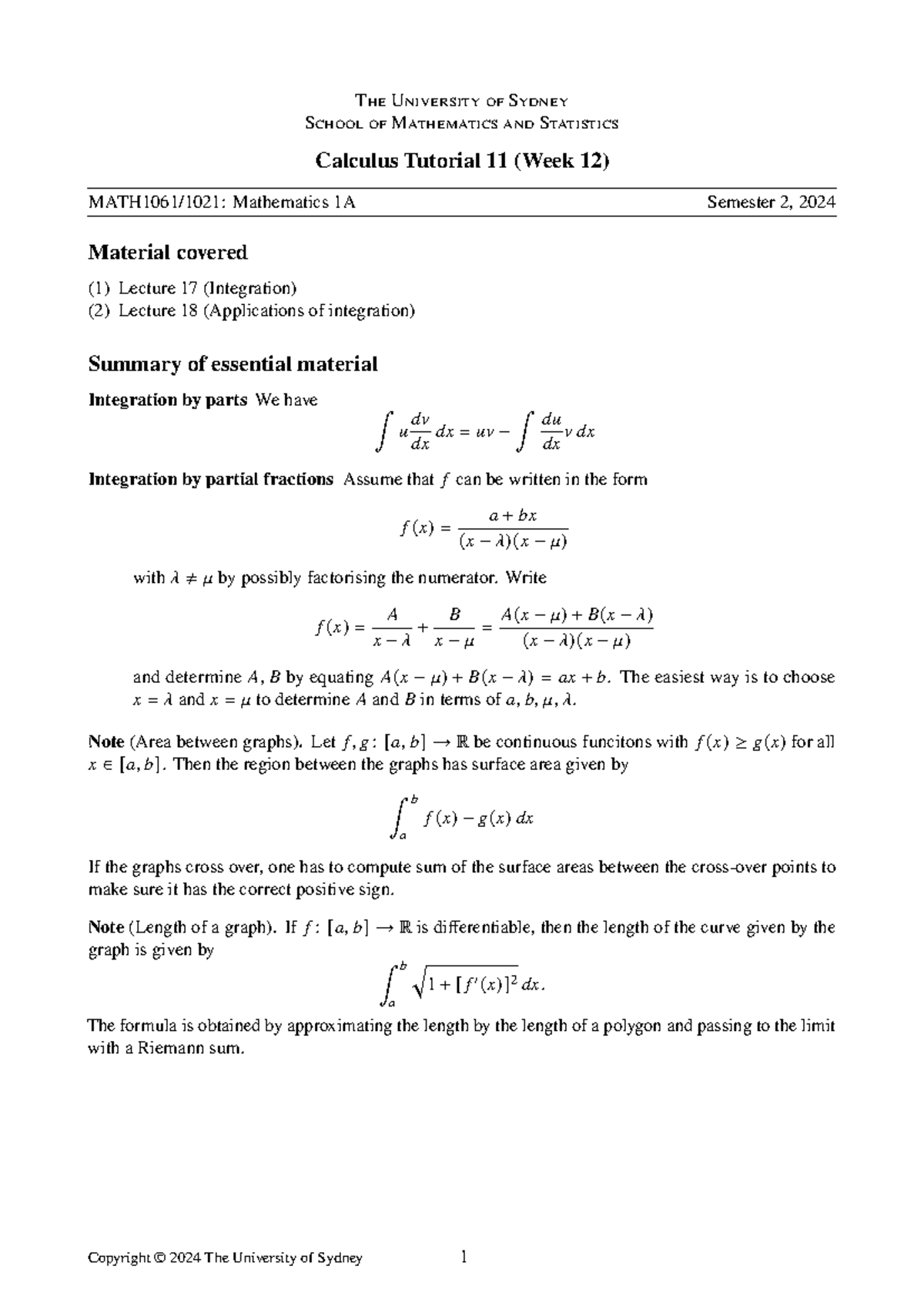 Calculus Tut 11 - The University of Sydney School of Mathematics and ...