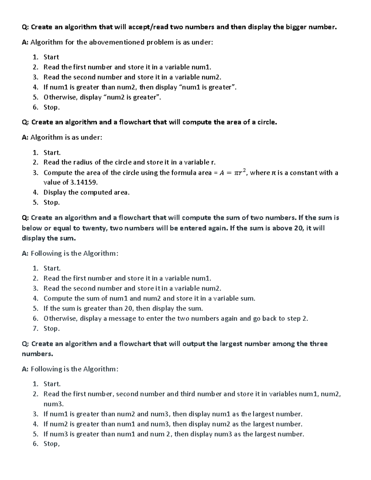 ICP Assignment 1 - Q: Create an algorithm that will accept/read two numbers and then display the ...