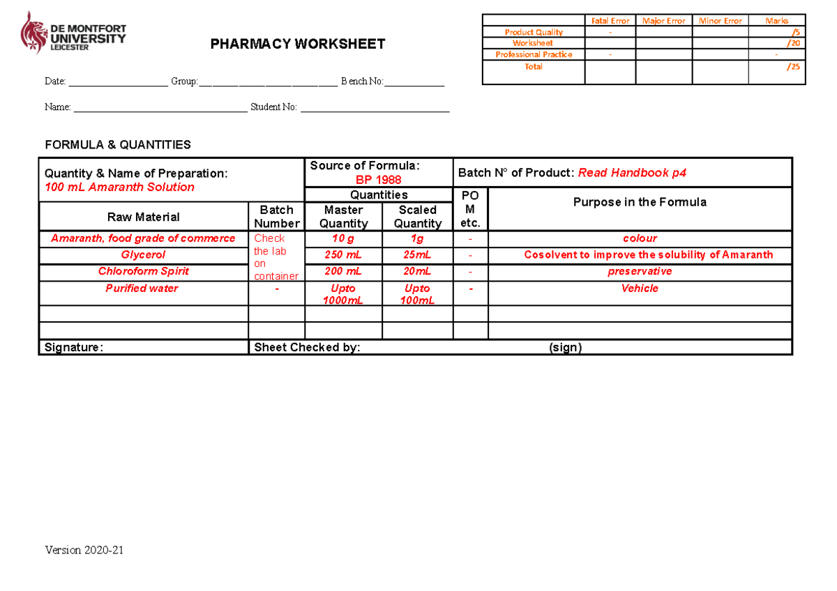 Amaranth Solution Sample Worksheets - PHARMACY WORKSHEET Date ...