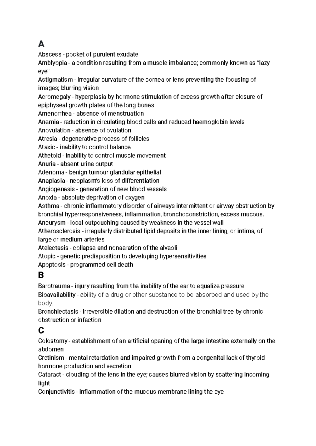 Medical Terminology - A Abscess - pocket of purulent exudate Amblyopia ...
