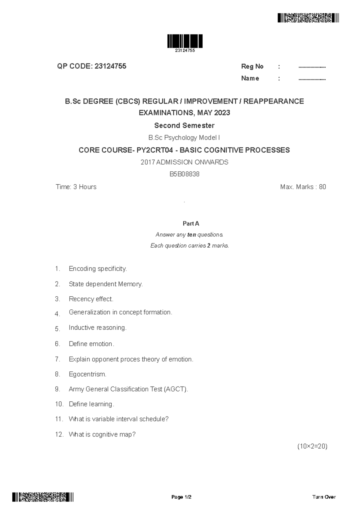 Basic Cognitive Processesb - QP CODE: 23124755 Reg No : ..................... Name : - Studocu