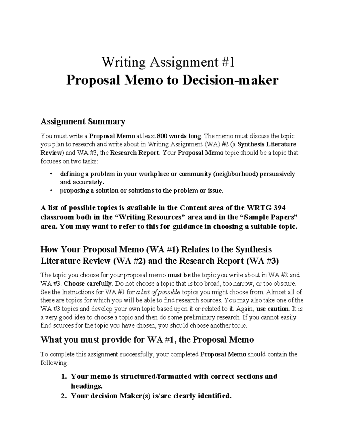 Proposal Memo Lbgwrtg 394WA#12 - Writing Assignment Proposal Memo to ...
