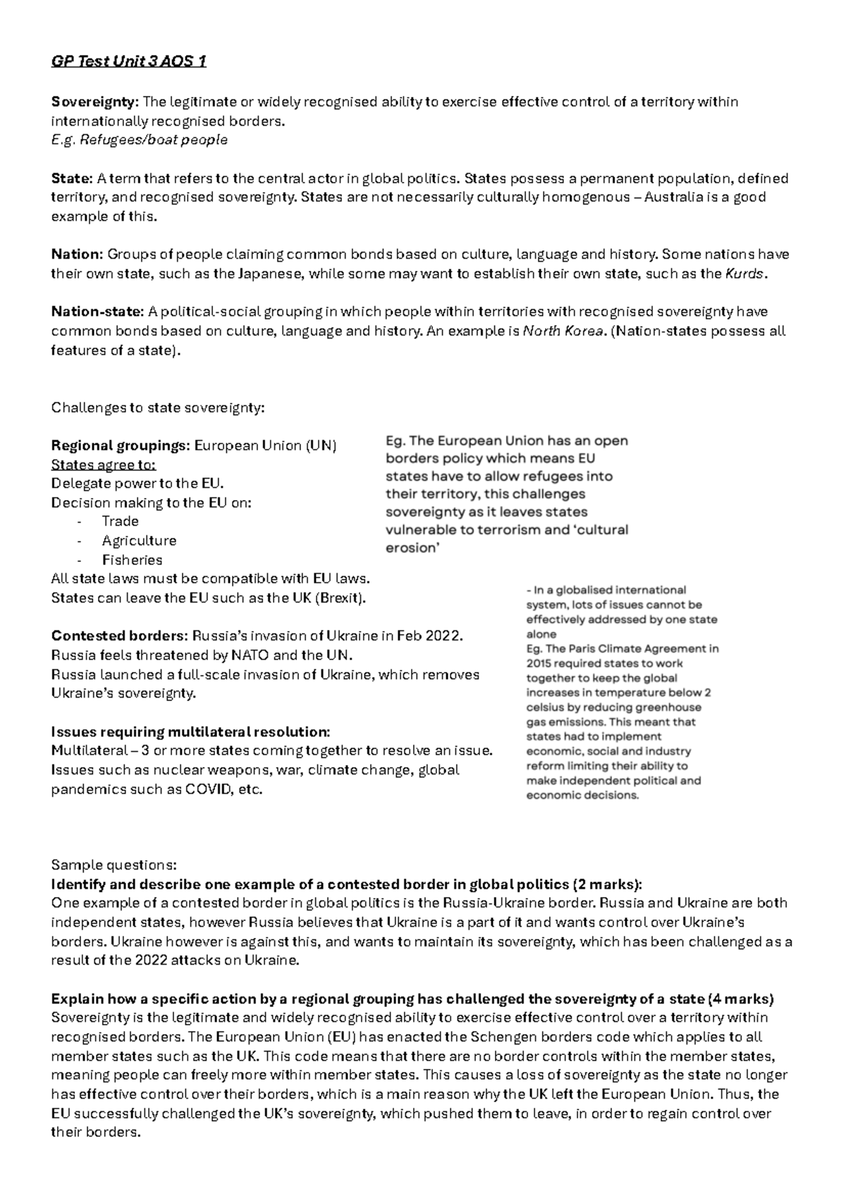 GP test notes Unit 3 AOS 1 - GP Test Unit 3 AOS 1 Sovereignty: The ...