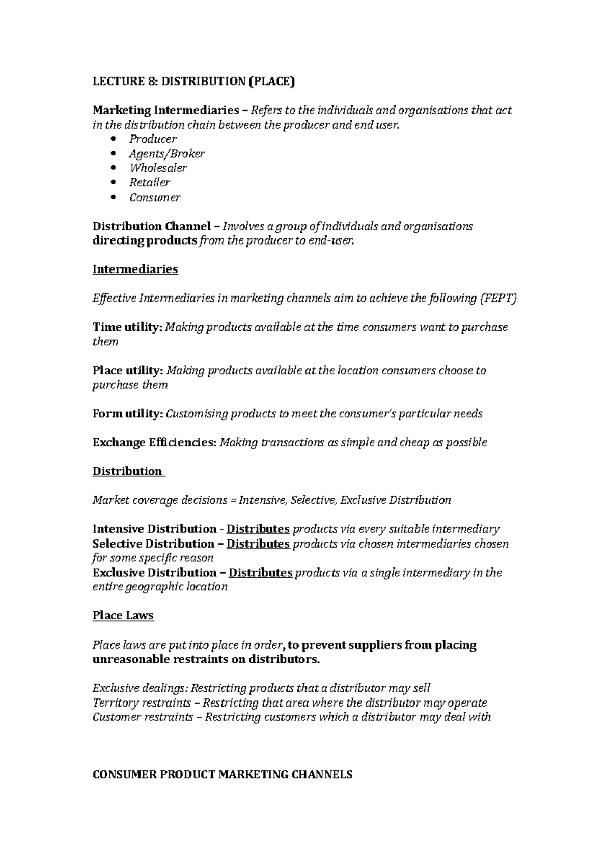 Lecture 8 to 12 Marketing - LECTURE 8: DISTRIBUTION (PLACE) Marketing ...