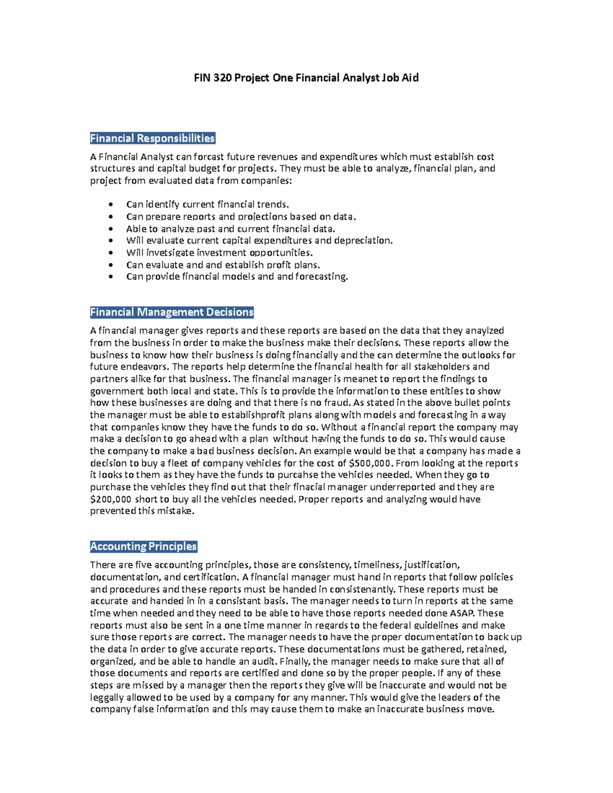 FIN 320 Project One Financial Analyst Job Aid - They must be able to ...
