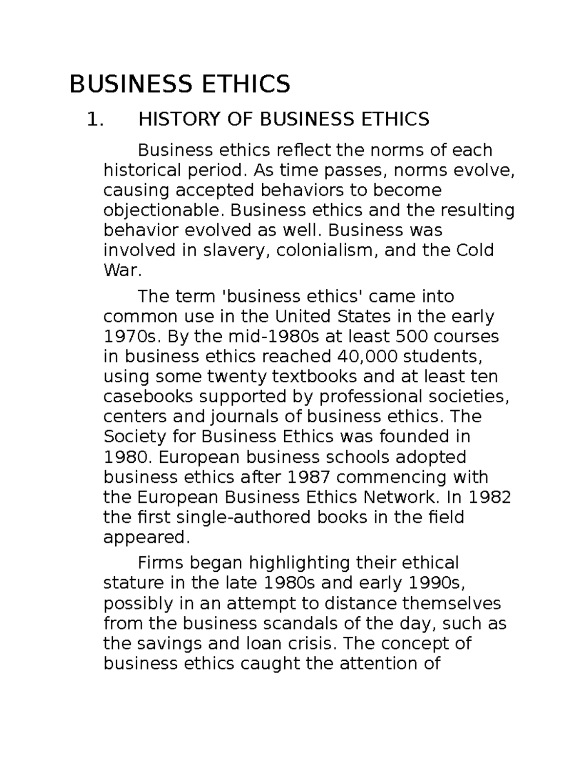 Business- Ethics SHS - BUSINESS ETHICS 1. HISTORY OF BUSINESS ETHICS ...