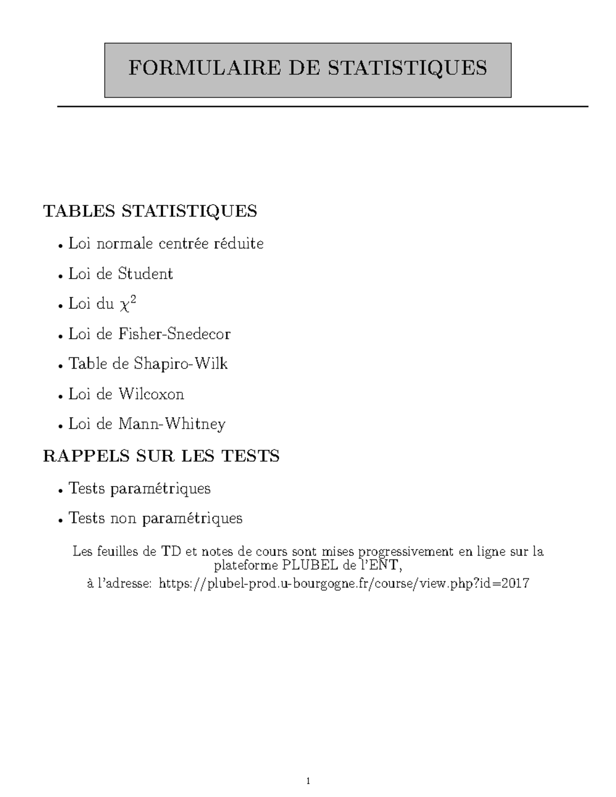 Formulaire L2 Psychologie - FORMULAIRE DE STATISTIQUES TABLES ...