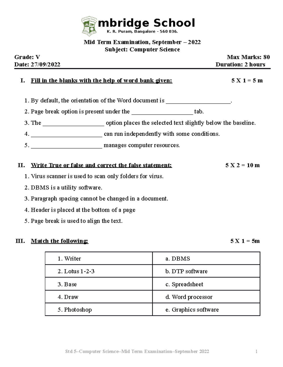 Grade 5 - C.Sc - Mid term - 2022 - Cambridge School K. R. Puram ...