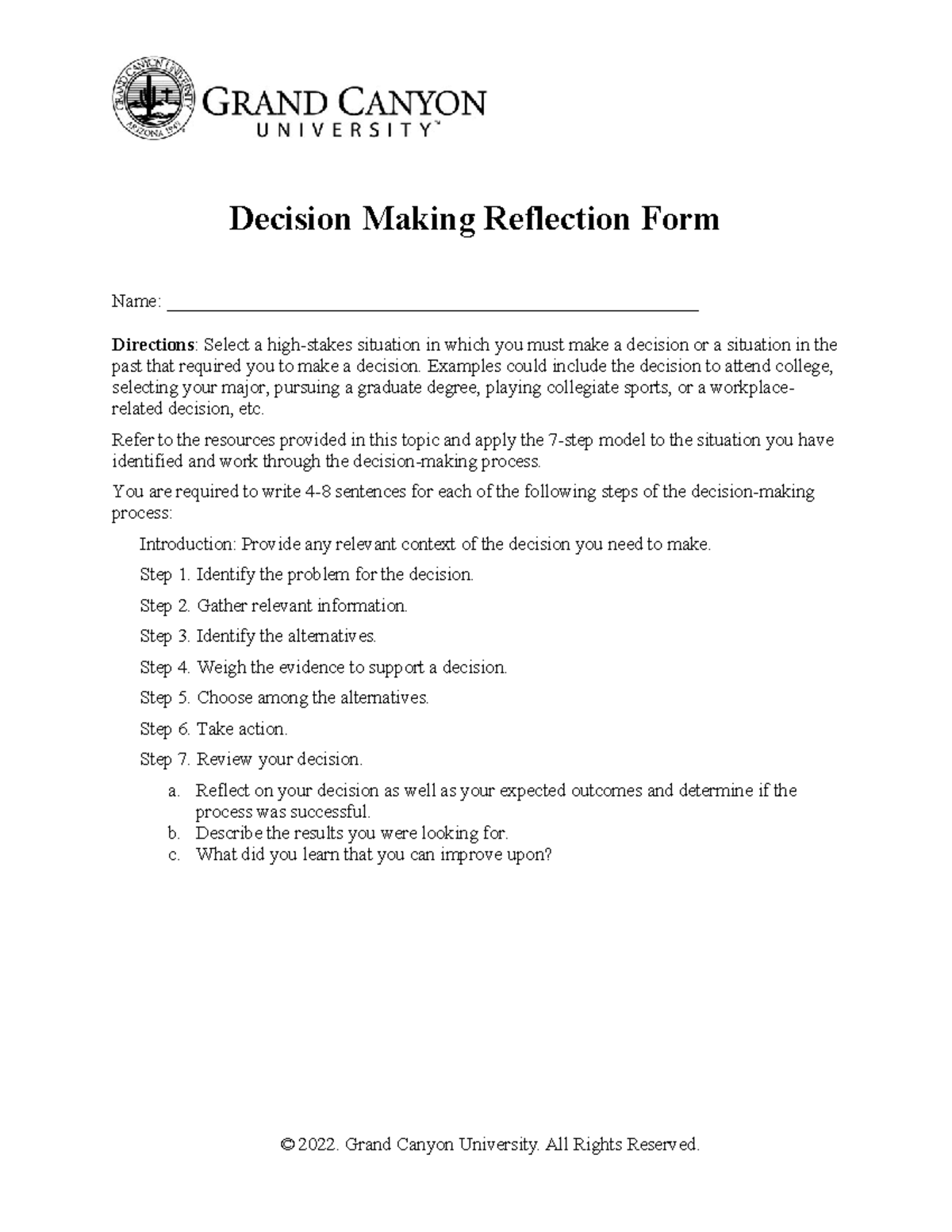 LDR 463 RS Decision Making Reflection Form - Decision Making Reflection ...