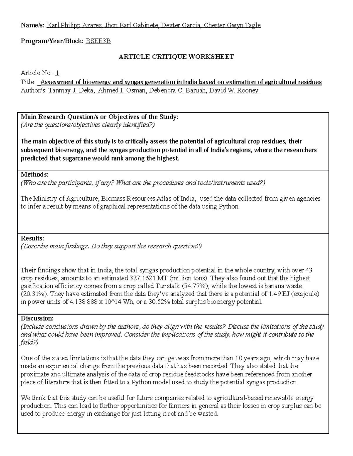 Article Critique Worksheet Final - Name/s: Karl Philipp Azares, Jhon ...
