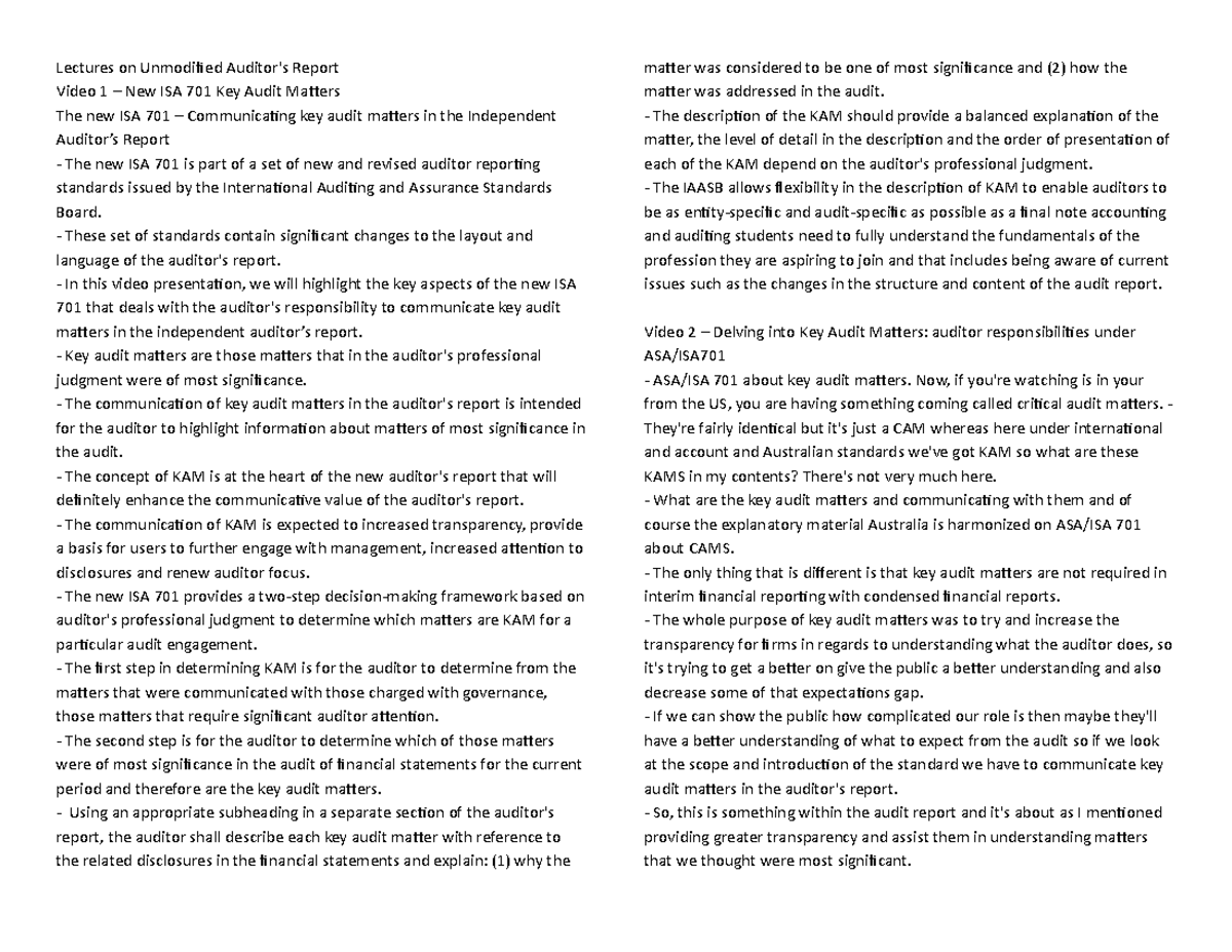 Lectures on Unmodified Auditor - These set of standards contain ...