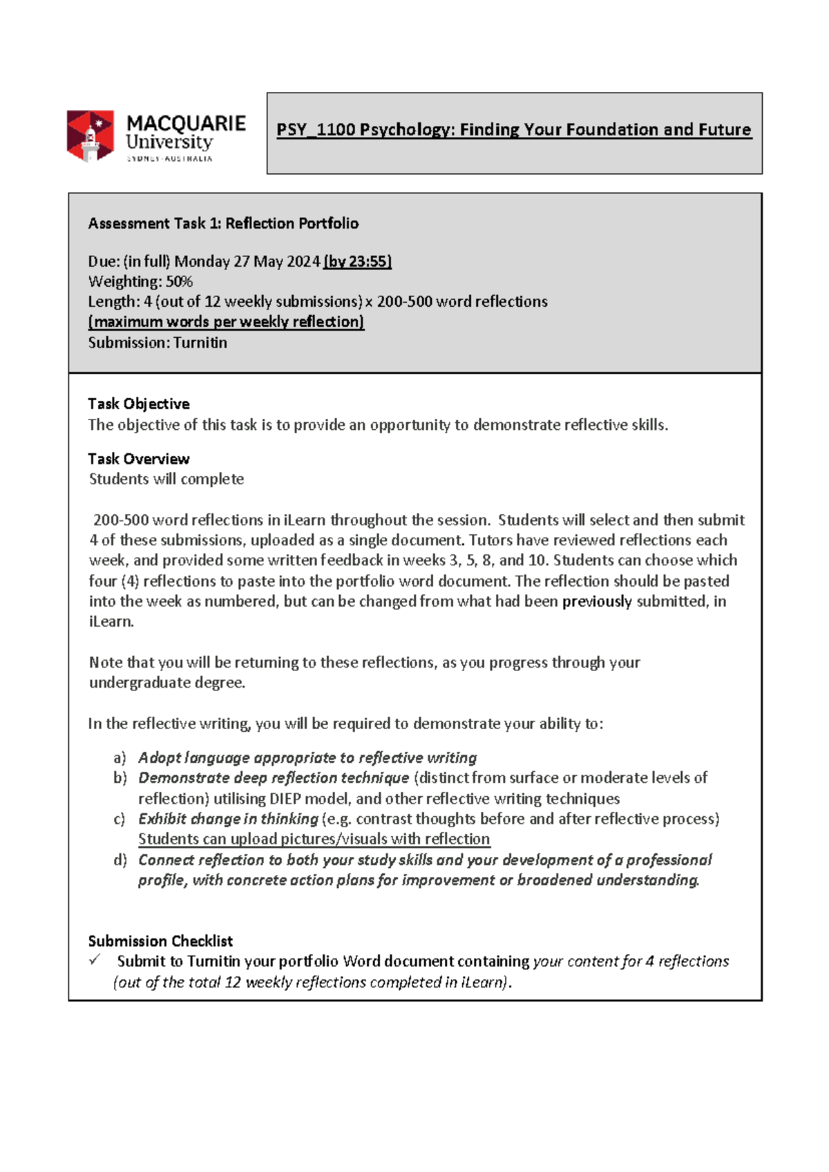 Reflection Portfolio assignment - Assessment Task 1 : Reflection ...