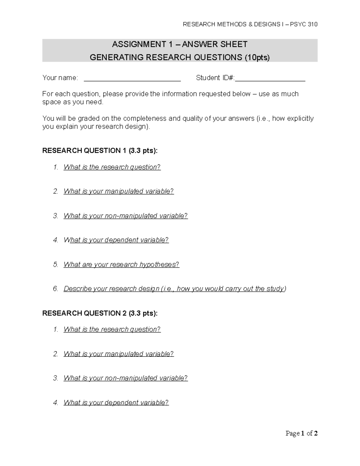PSYC310 assignment 1 - RESEARCH METHODS & DESIGNS I – PSYC 310 ASSIGNMENT 1 – ANSWER SHEET - Studocu