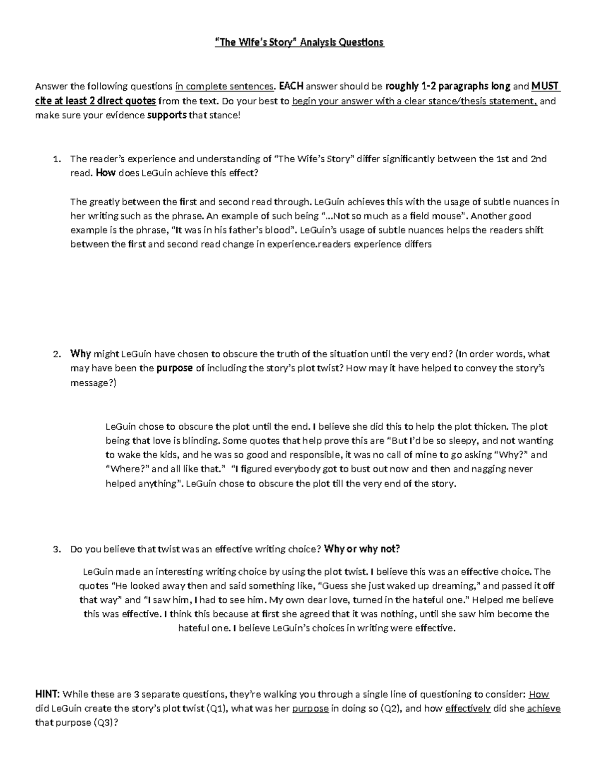 TWS Analysis Q's - English 2 Kahn - “The Wife’s Story” Analysis ...