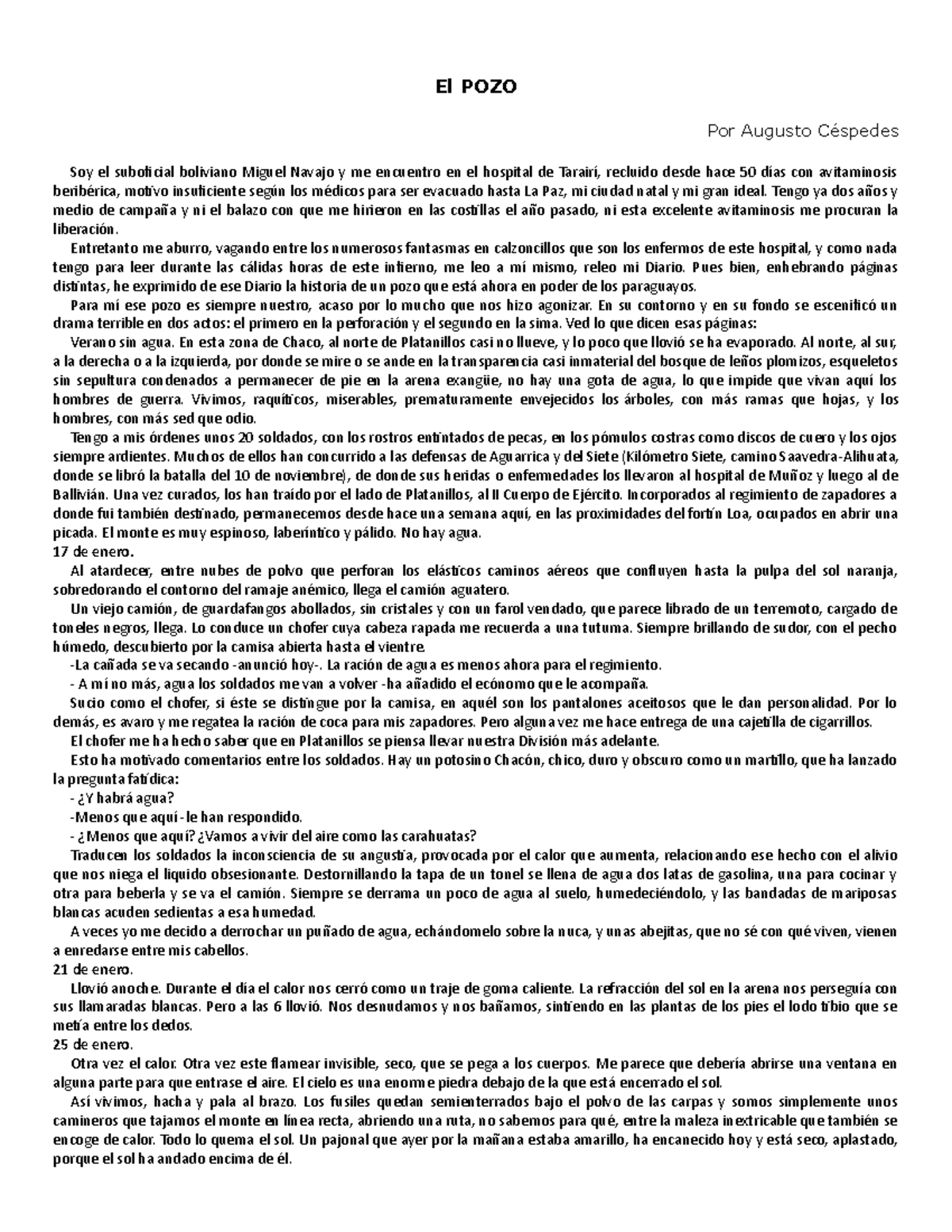 El POZO - Cuento boliviano - El POZO Por Augusto Céspedes Soy el ...