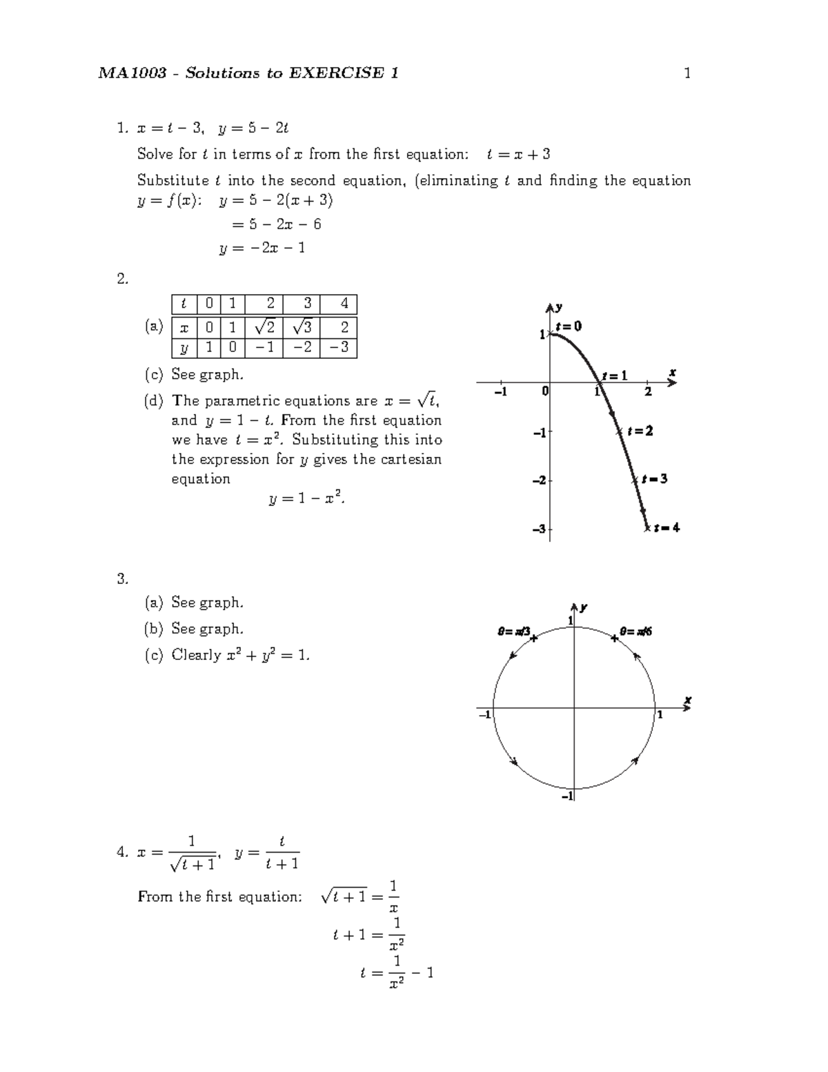 Exercise 1 Solutions - MA1003 - Solutions to EXERCISE 1 1 x=t− 3 , y= 5 ...