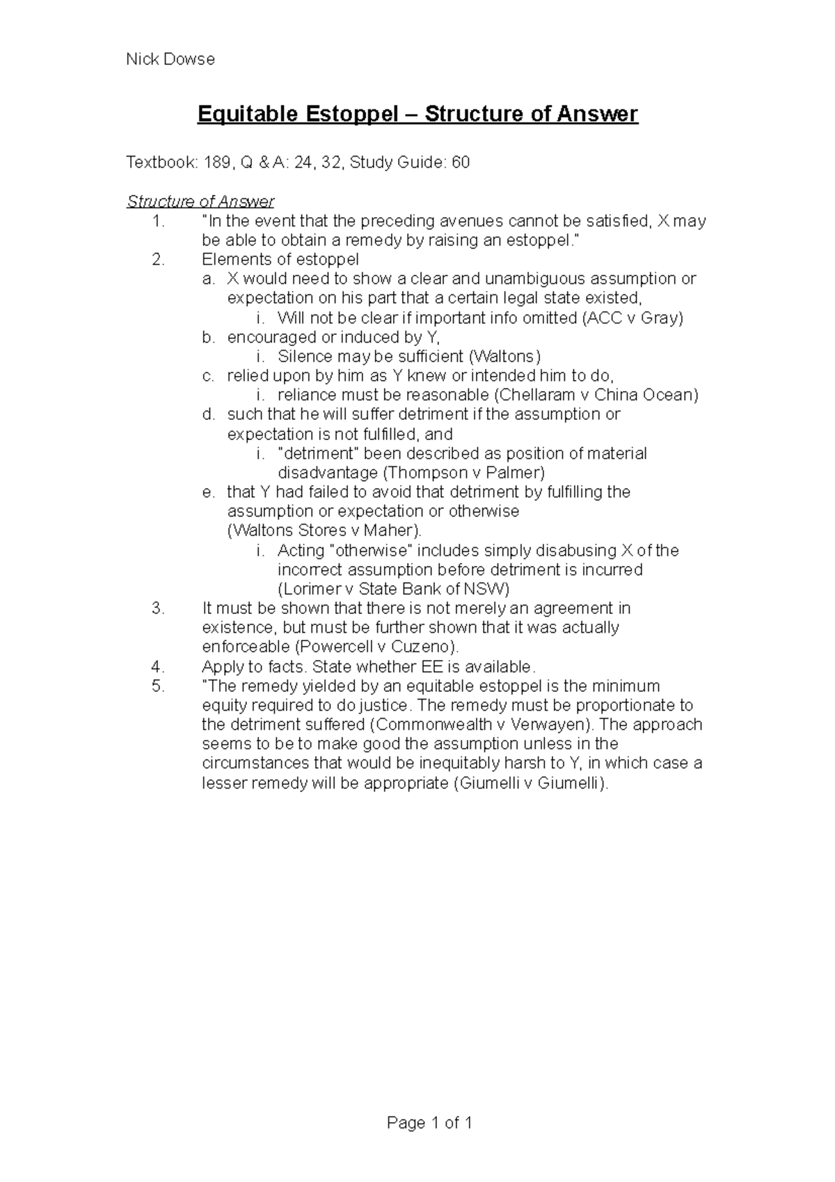 Equitable Estoppel - Lecture notes 5 - Nick Dowse Equitable Estoppel ...