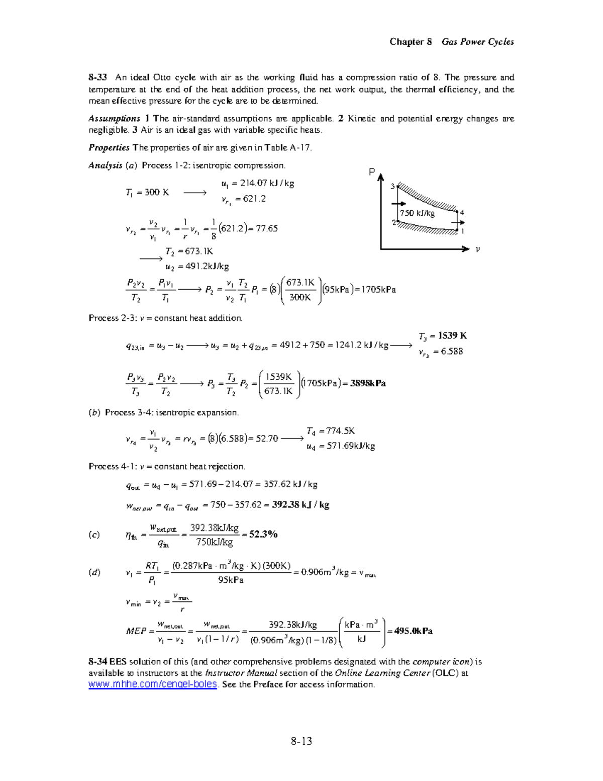 Otto Cycle Problem 8 33 An Ideal Otto Cycle With Air As The Working