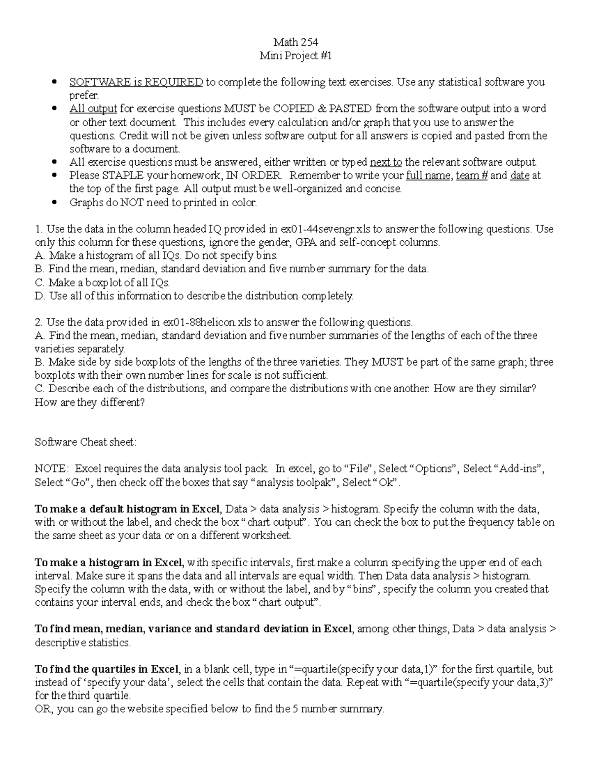 Mini project 1 instructions - Math 254 Mini Project #1 SOFTWARE is ...