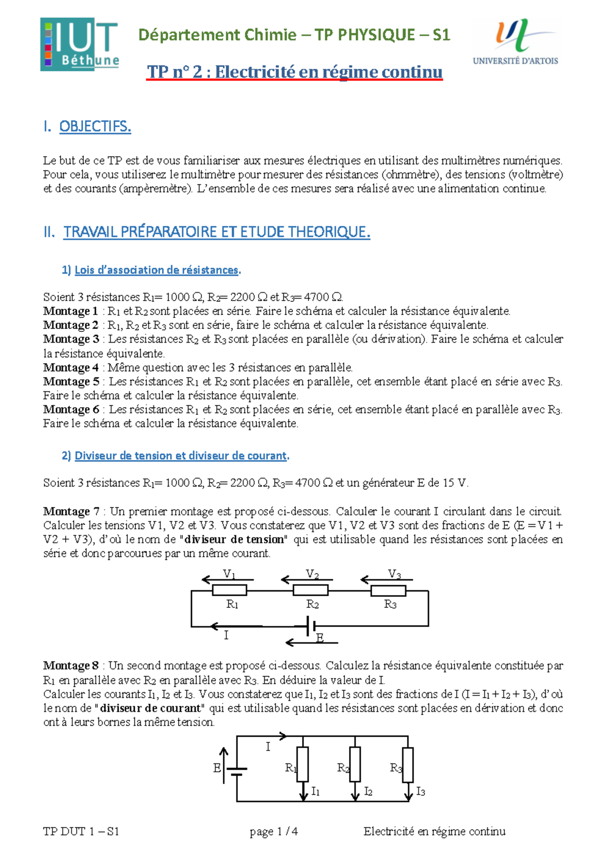 TP2 Electricite Regime Continu - Département Chimie – TP PHYSIQUE – S TP n° 2 : Electricité en ...