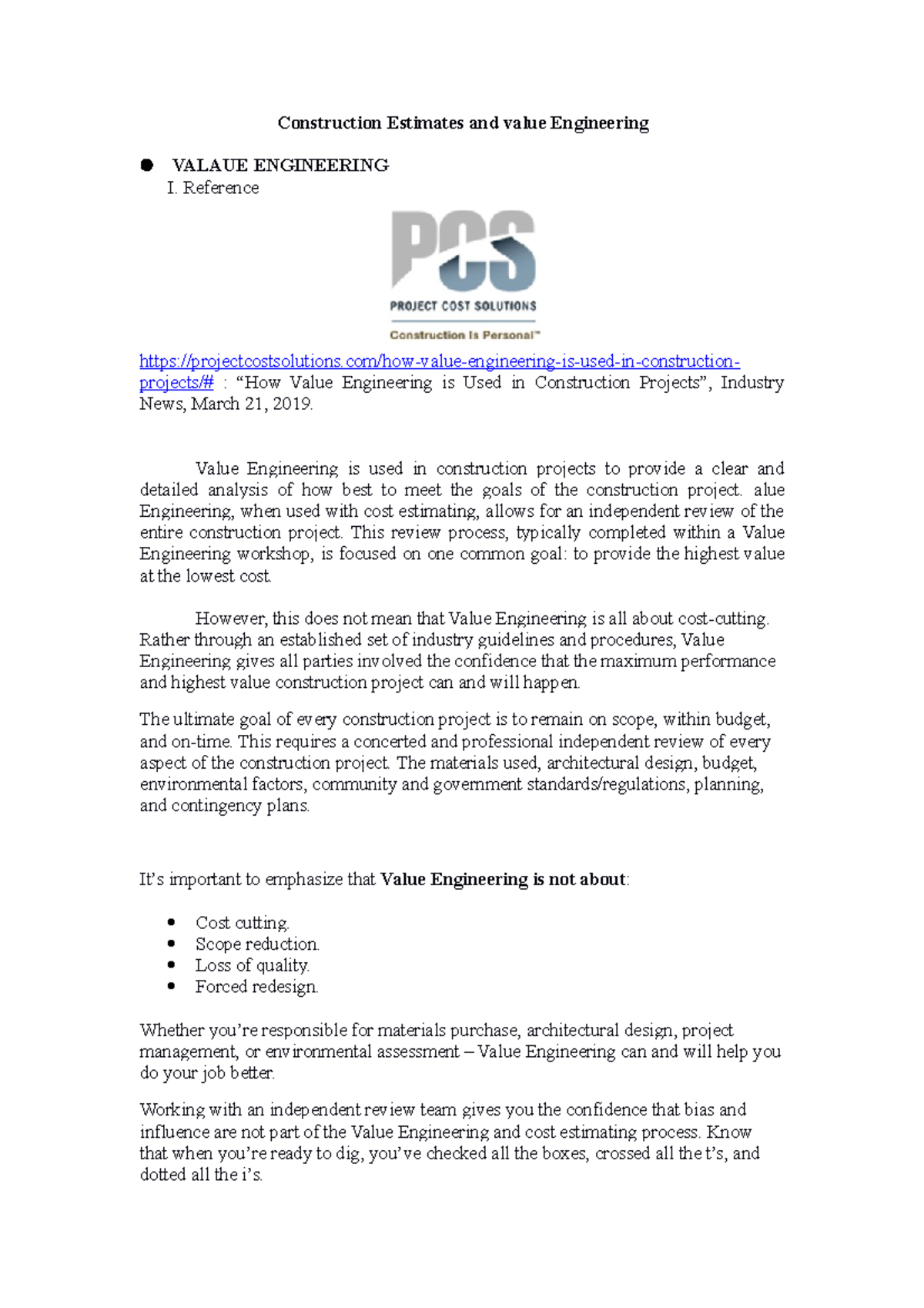 Construction Estimates and value Engineering Raw Report - Construction ...