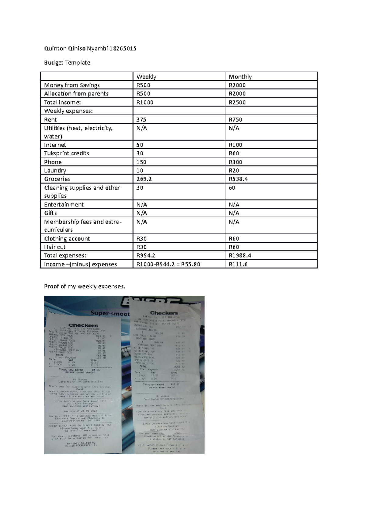 Personal budget - YES - Quinton Qiniso Nyambi 18265015 Budget Template ...