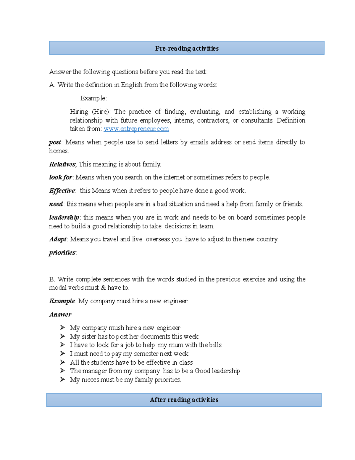 Unit 1 - Task 2 - Writing Production - Answer the following questions ...