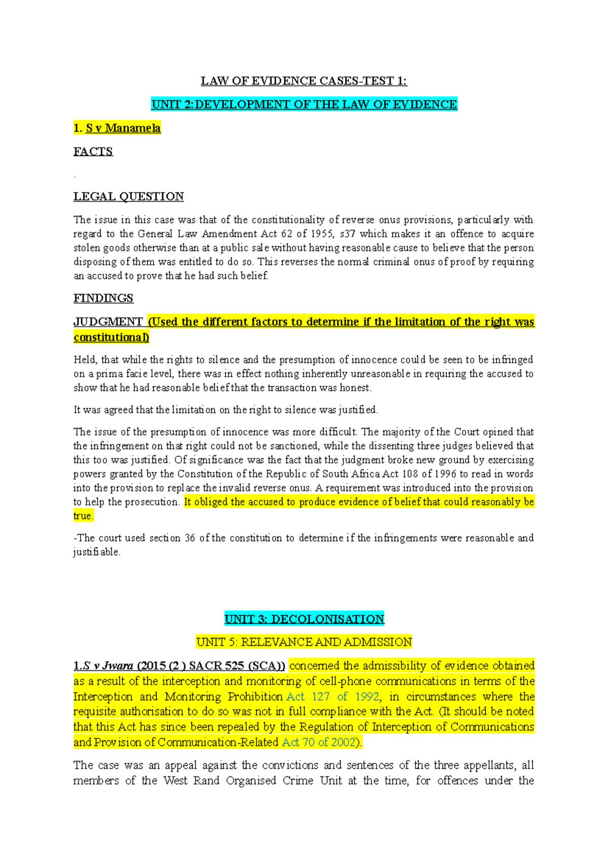 LAW OF Evidence Cases - Lecture notes 1-10 - LAW OF EVIDENCE CASES-TEST ...