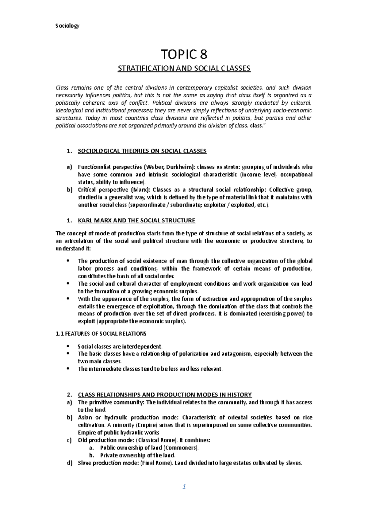 Unit 8 - Sociology - Lecture notes 8 - Sociology TOPIC 8 STRATIFICATION ...