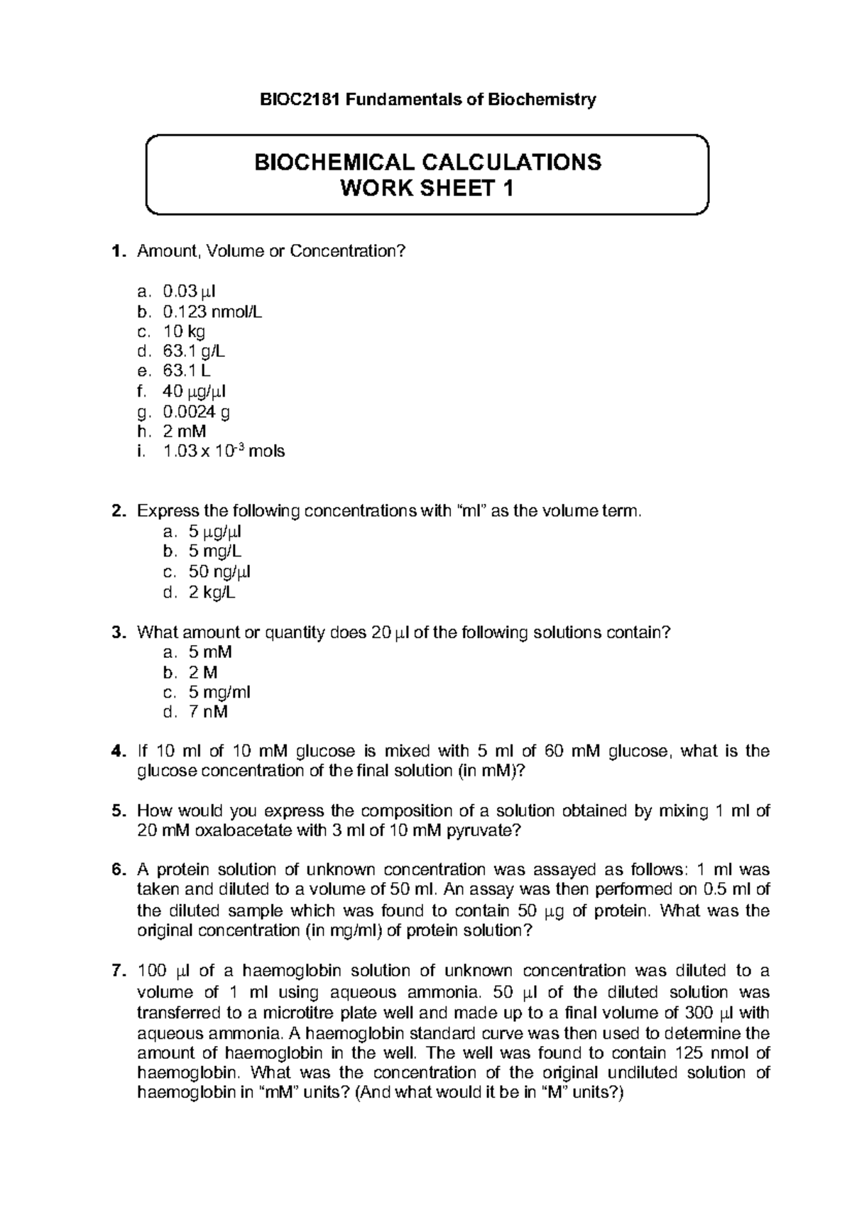 Biochemical Calculations Work Sheet 1 - BIOC2181 Fundamentals of ...