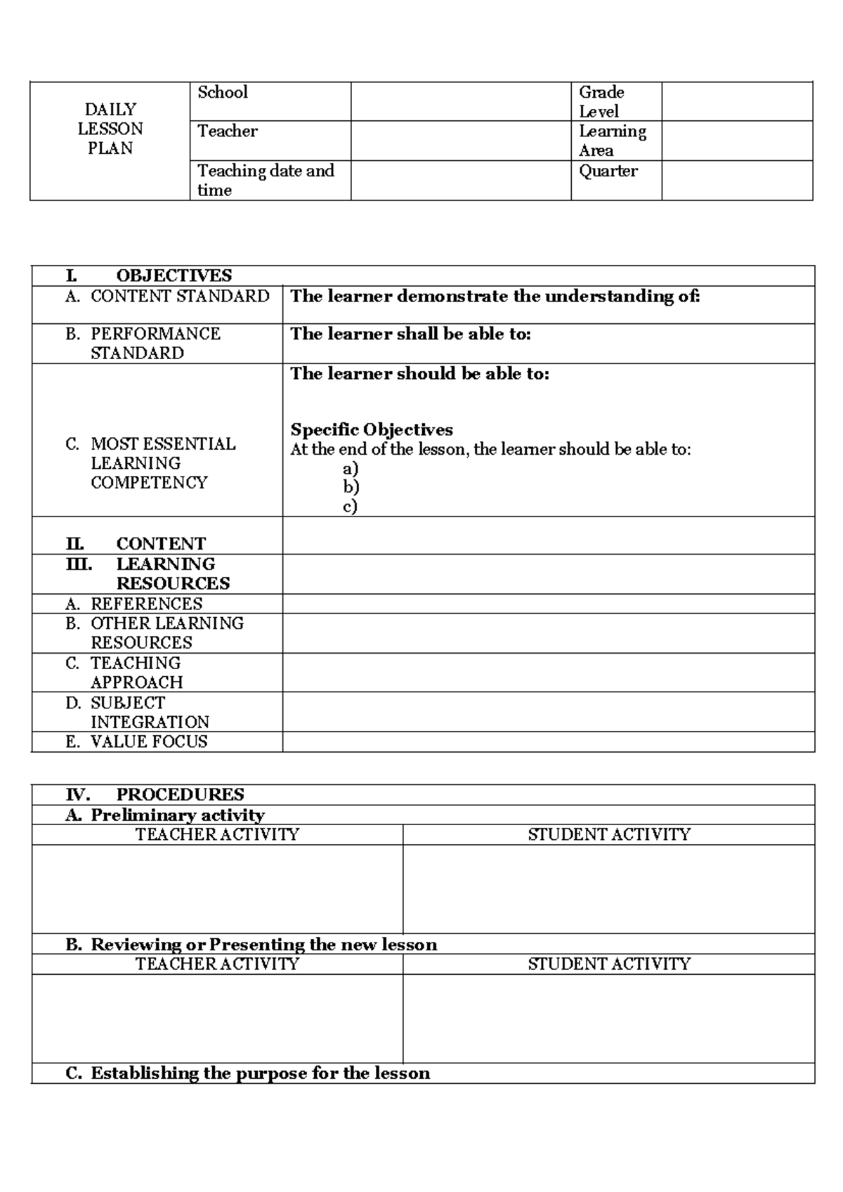 Lesson-PLAN- Templates - I. OBJECTIVES A. CONTENT STANDARD The learner ...