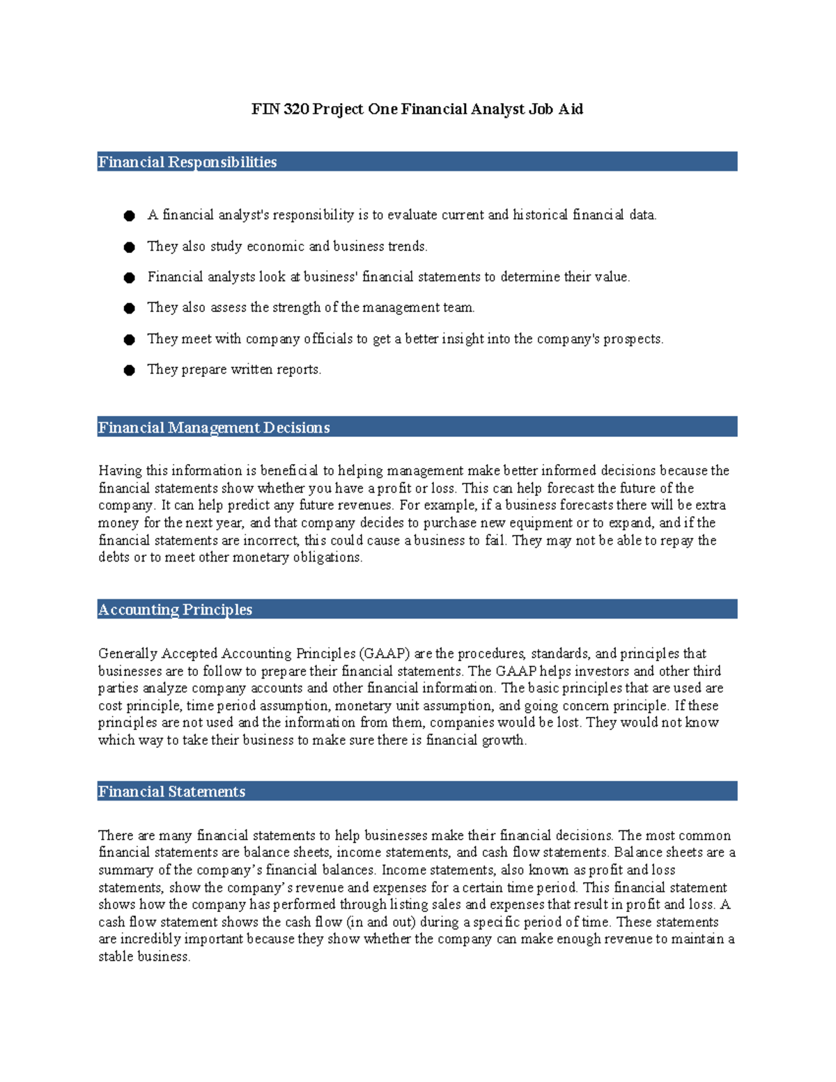 Project One Financial Analyst Job Aid - FIN 320 Project One Financial ...