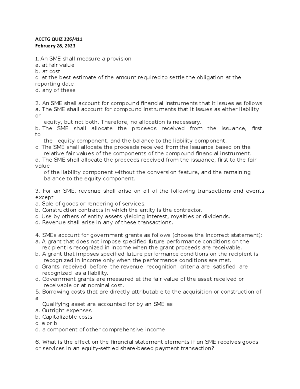 QUIZ Income TAX SMES V2 - None - ACCTG QUIZ 226/ February 28, 2023 An ...