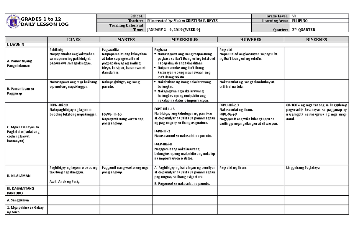 DLL Quarter 3 Week 9 Filipino 6 - GRADES 1 to 12 DAILY LESSON LOG School: Grade Level: VI ...