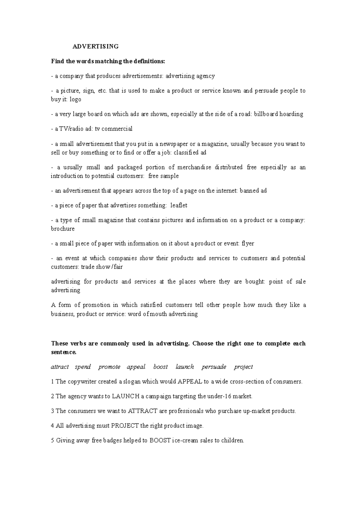 Advertising - Exercises - ADVERTISING Find the words matching the ...