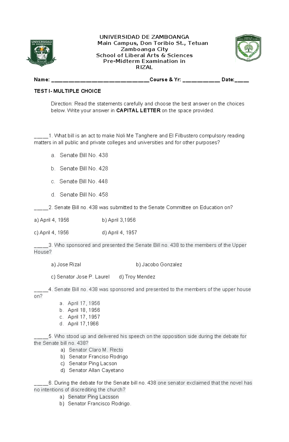 Rizal exam - UNIVERSIDAD DE ZAMBOANGA Main Campus, Don Toribio St ...