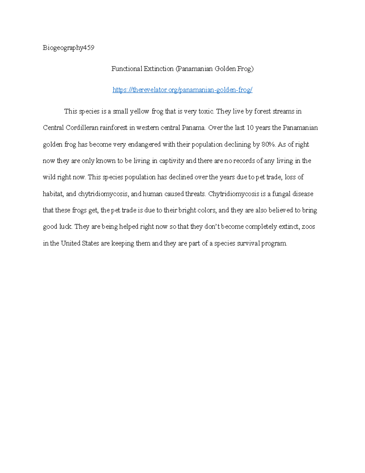 Functional Extinction (Panamanian Golden Frog) - Biogeography ...