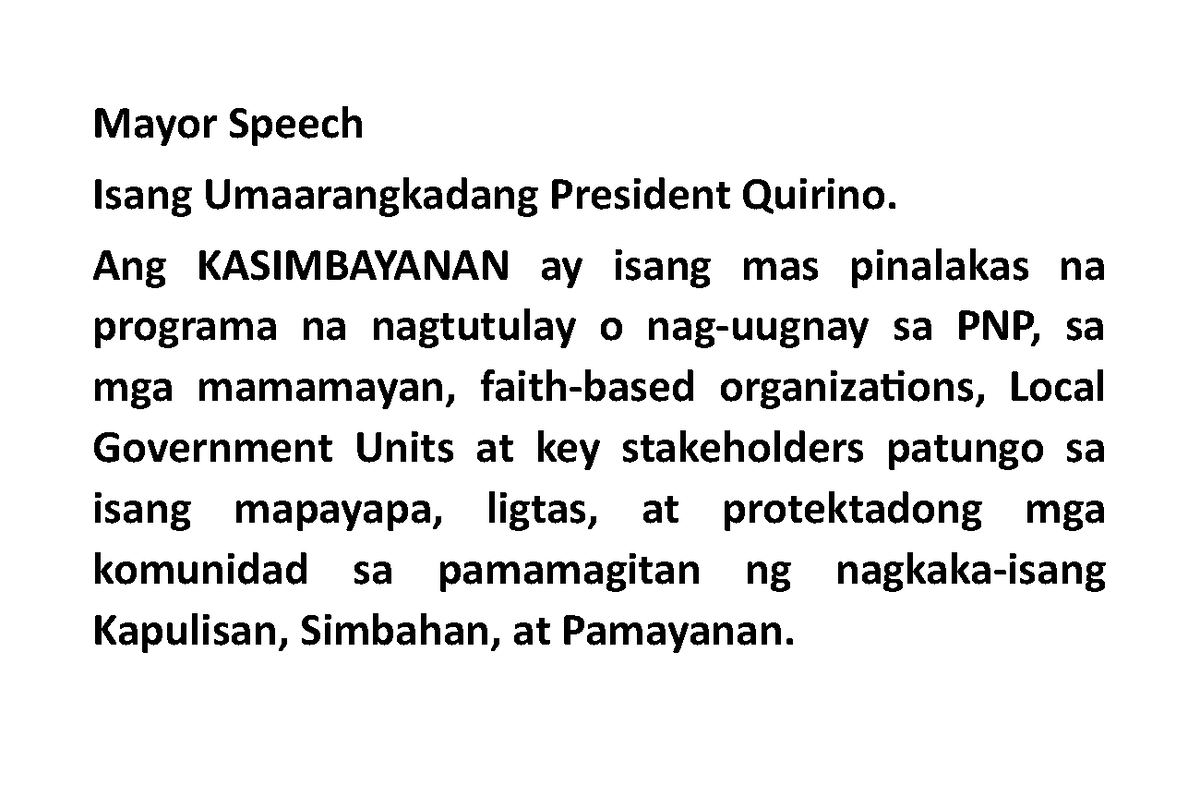 Kasimbayanan Short Speech Madam - Mayor Speech Isang Umaarangkadang ...